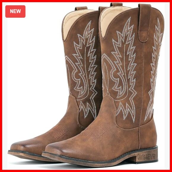 Shoes | Mid Calf Cowboy Boots Square Toe Pull On Embroidered Western ...